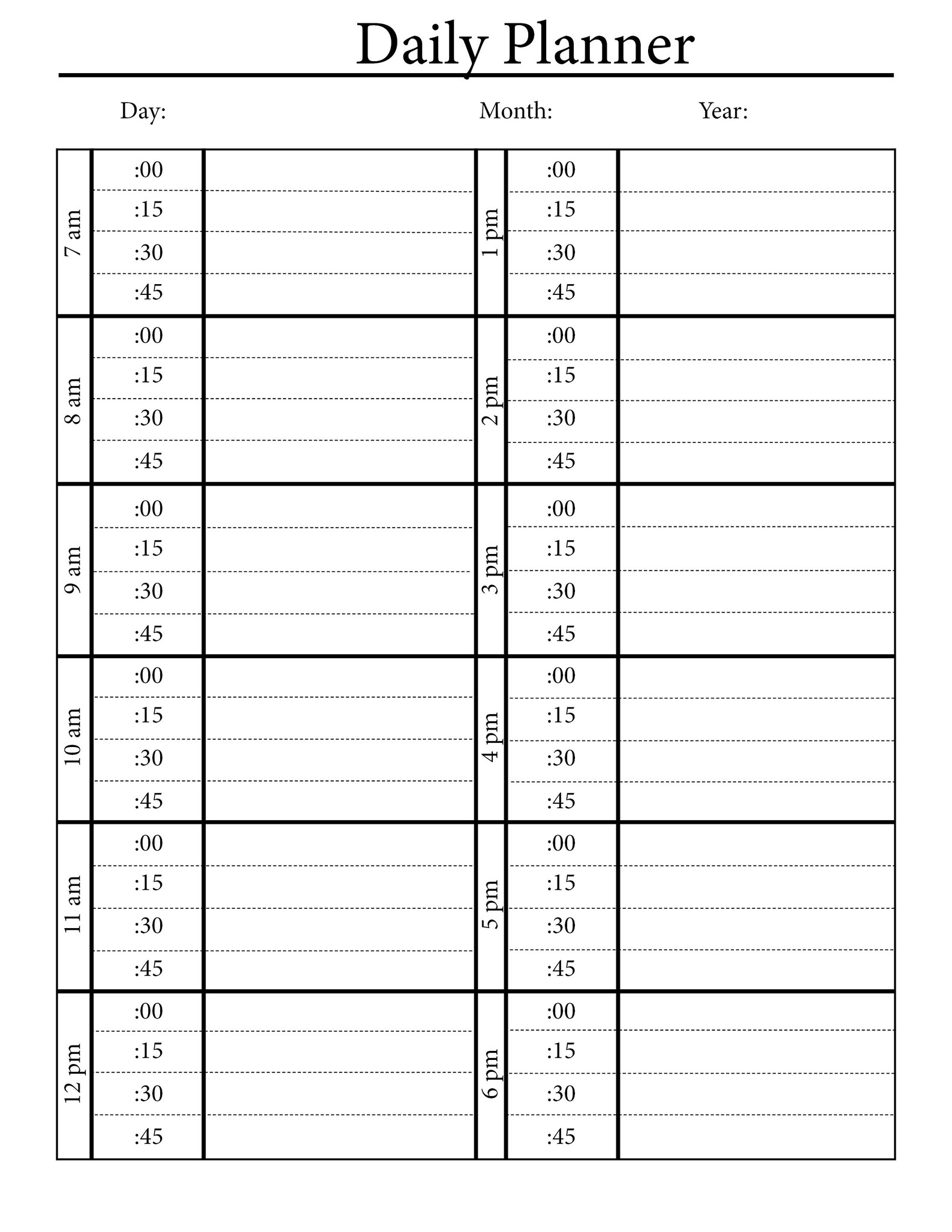 Printable 15 Minute Daily Planner Portrait Layout- 12 Hours in 15 ...