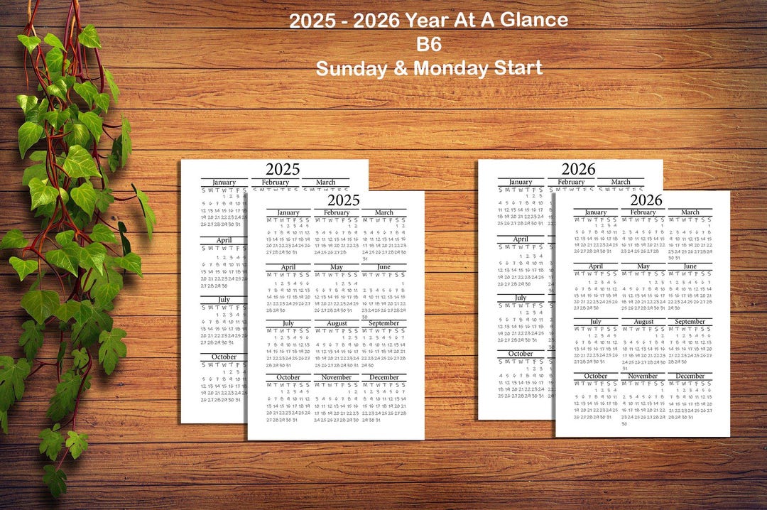 2025 2026 Printable Year at A Glance Calendar B6 Sunday and Monday ...