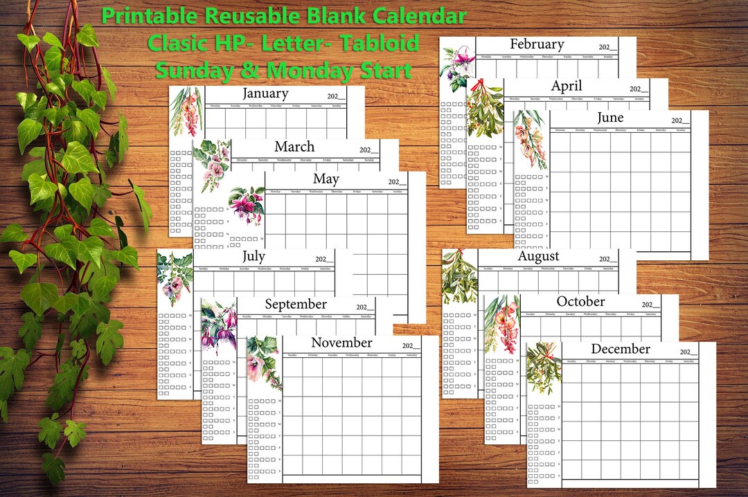 Undated Printable Calendar - Letter, Classic HP, Tabloid - Sunday and ...