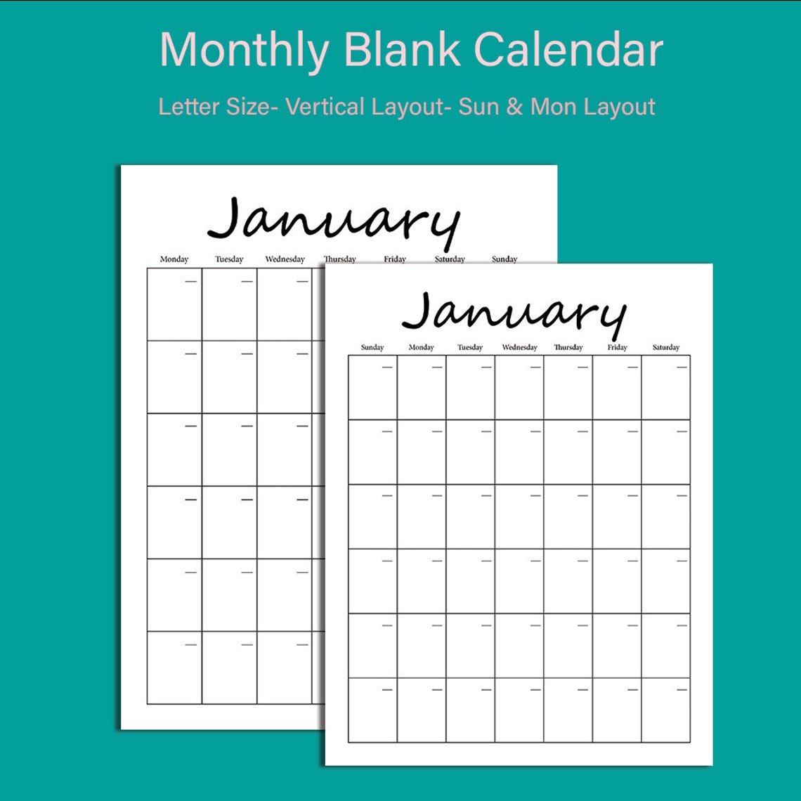 Blank Monthly Calendar: Vertical Printable Pages (PDF Download) - Etsy
