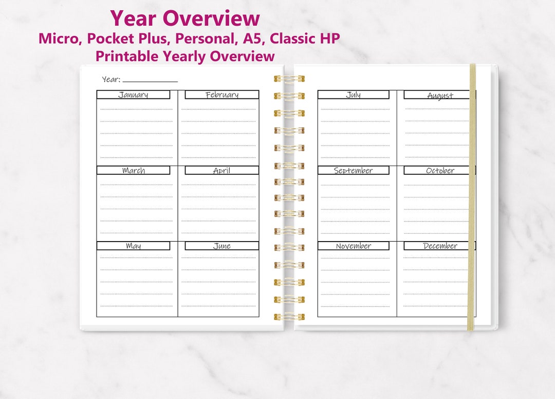 Year at a Glance, Two Page Yearly Planner Printable, 12 Month Overview ...