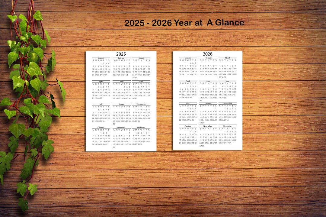 2025- 2026 Printable Year at A Glance Calendar- A5, A6, Letter, Classic ...