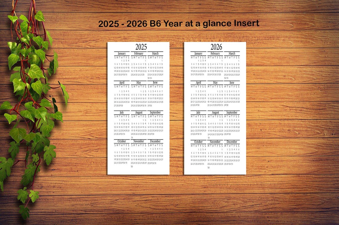 2025 - 2026 Printable Year at A Glance Calendar- B6 - Sunday and Monday ...