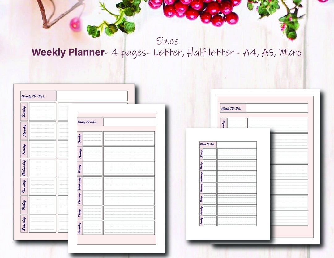 Printable Week on 4 Pages,multi Sized Weekly Planner Insert 1, Letter ...