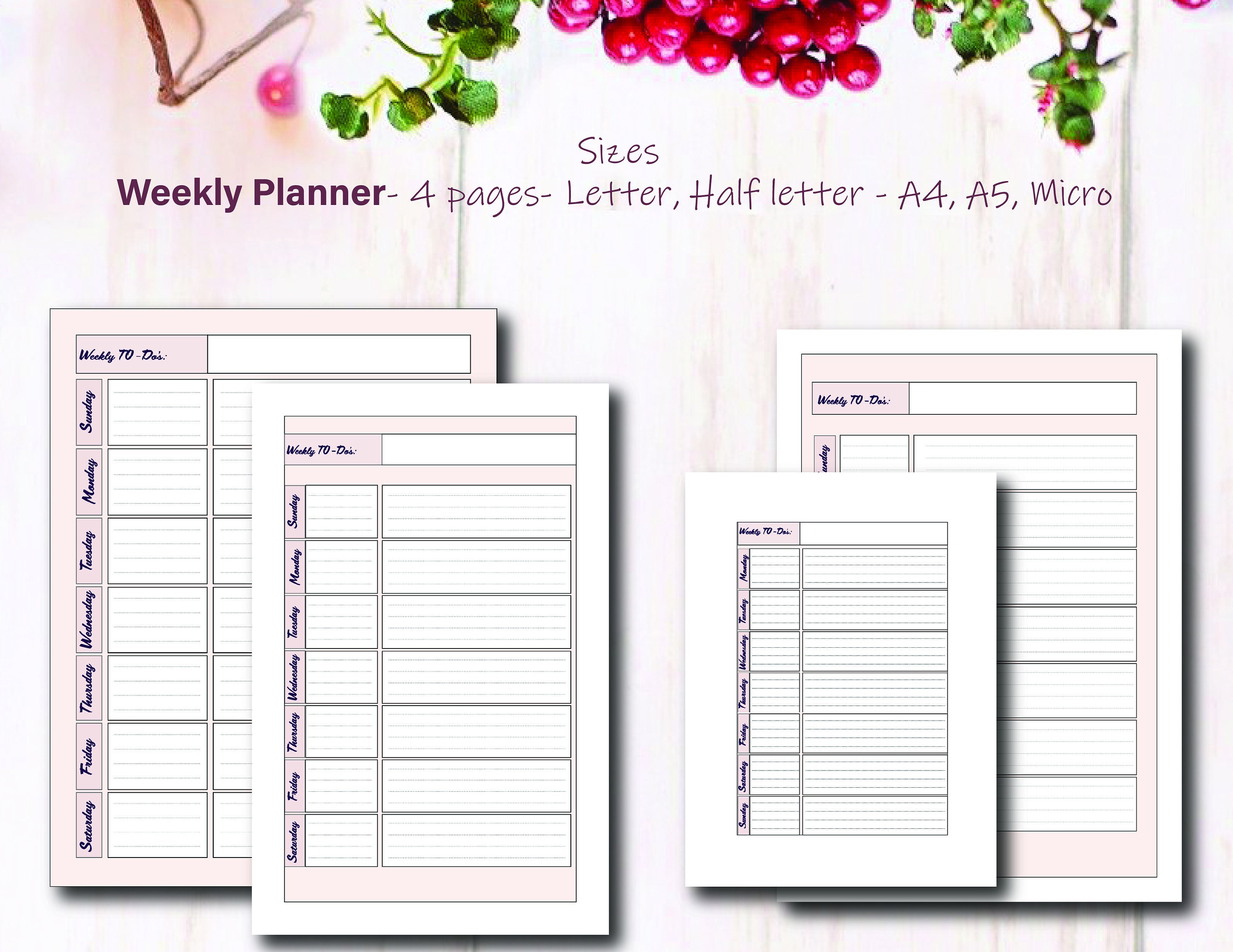 Printable Week on 4 Pagesmulti Sized Weekly Planner Insert 1 - Etsy