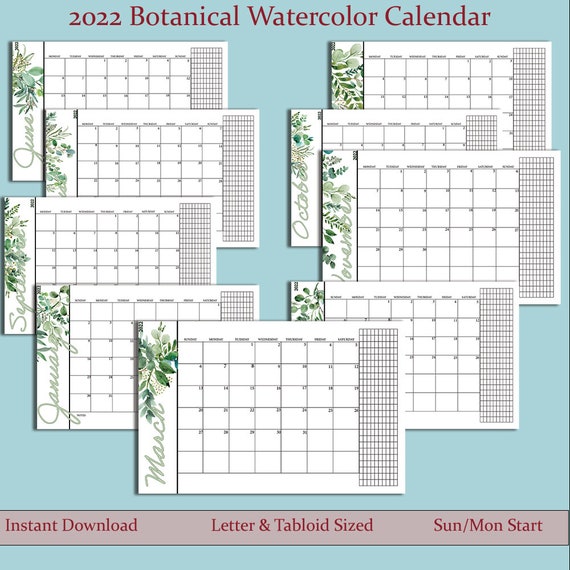 Digital Botanical Calendar 2021 Monthly Planner Botanical Leaves ...