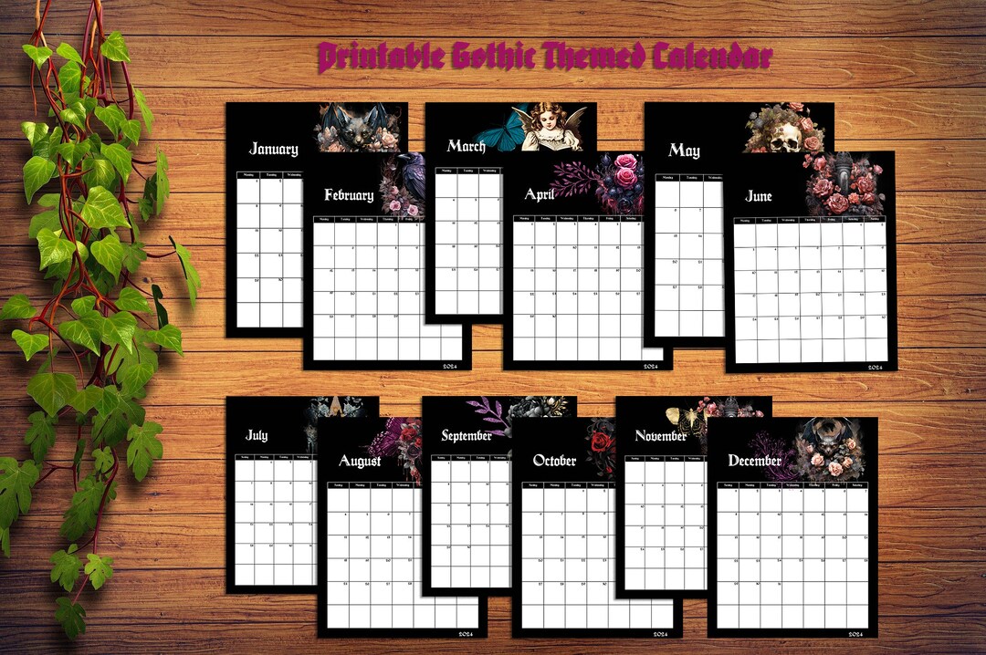 2024 Gothic Themed Printable Monthly Desk Calendar Tabloid, A4, Letter Portrait Orientation ...