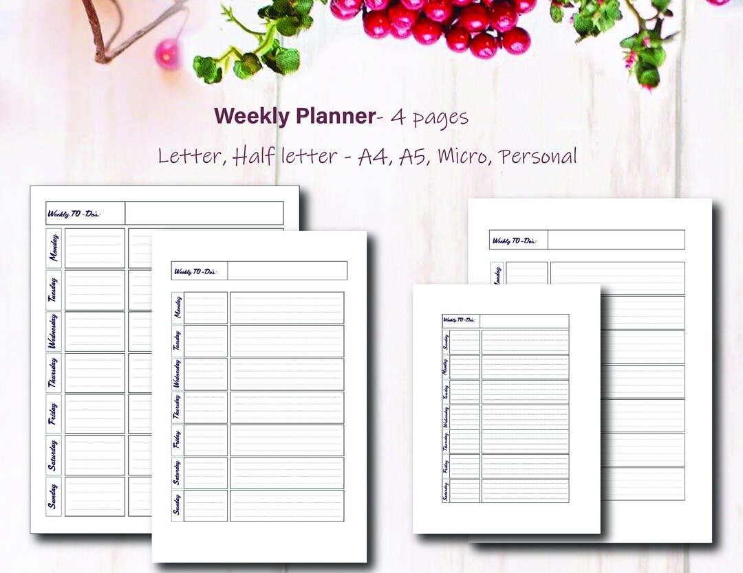 Printable Weekly Horizontal Planner on 2 Pages- Sunday and Monday Week ...