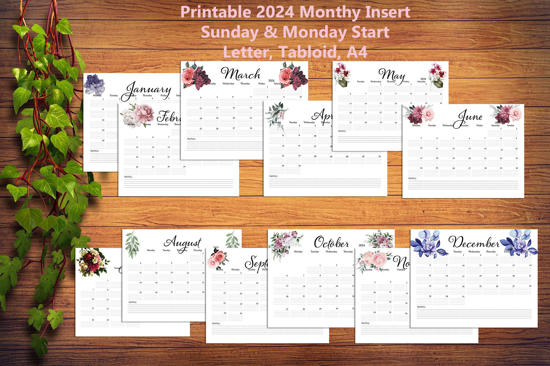 2024 Calendar Printable Landscape Horizontal US Letter, A4, Tabloid ...