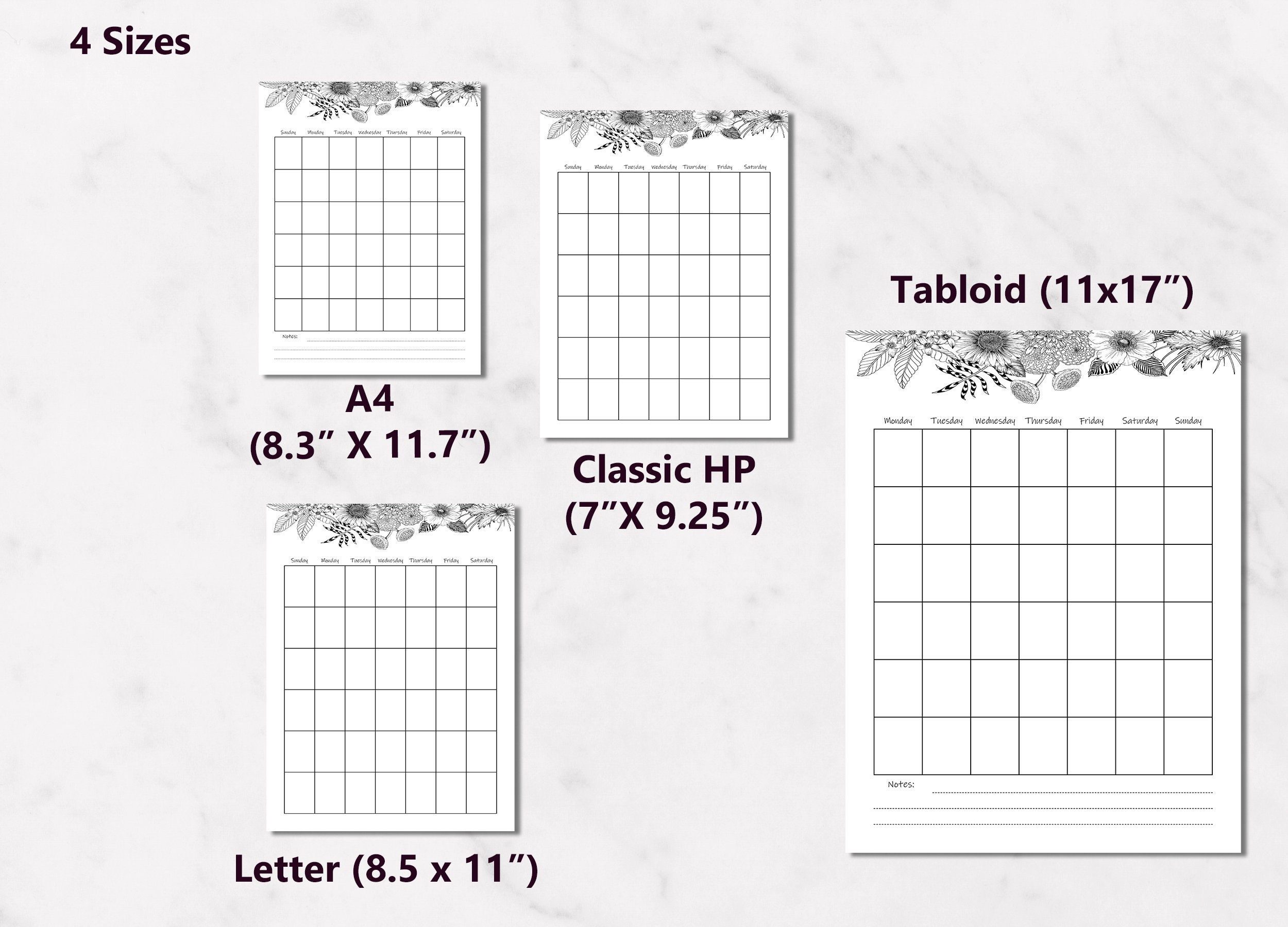 Undated Monthly Calendar, Printable Large Calendar, 2 Design Package ...