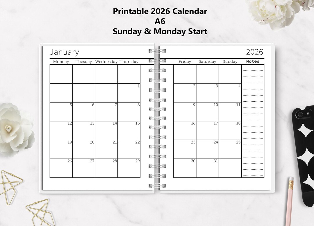 2026 Printable A6 Calendar - Month on Two Pages- Sunday and Monday ...