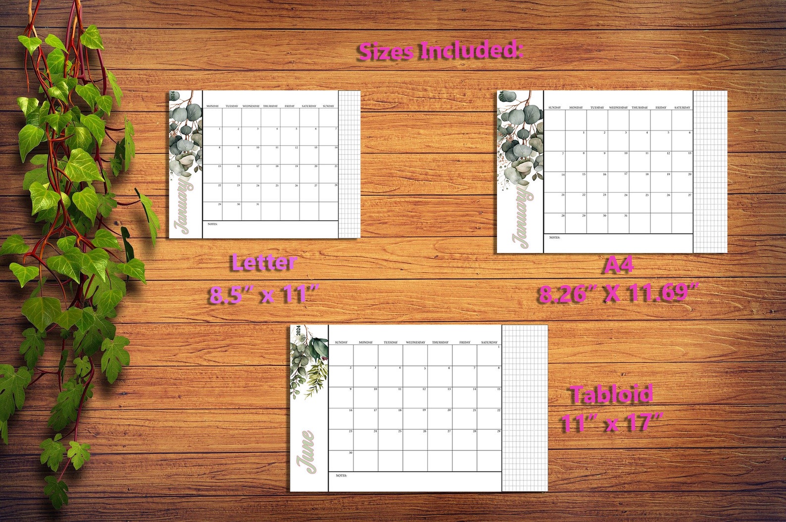 Printable 2024 Landscape Botanical Calendar Sunday & Monday Start A4 ...