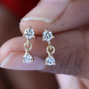 2 Diamond Drop Studs, Solid 14k Gold Earring, Minimalist Drop Earrings ...