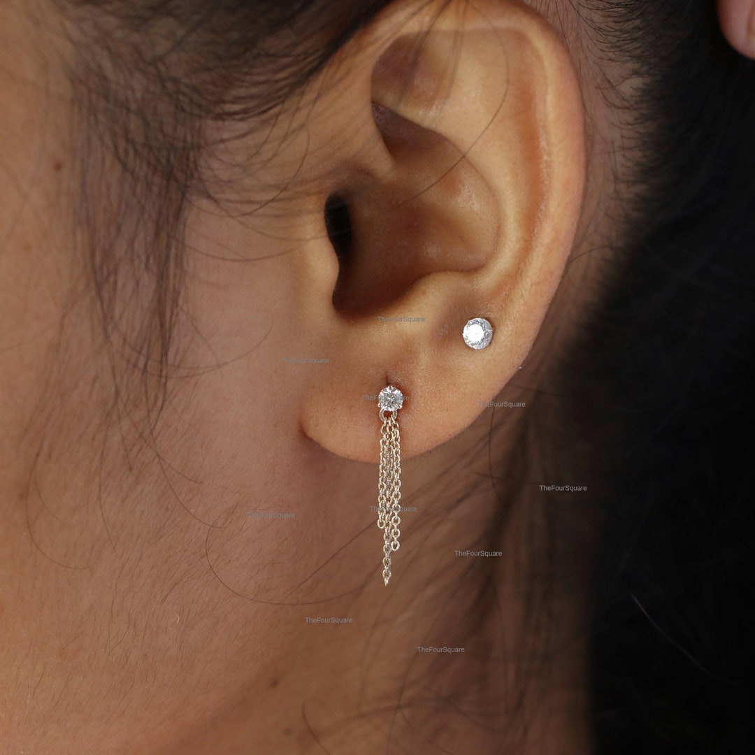 Natural Diamond Chain Dangling Drop Earring/delicate Chandelier Earrings in 14k Yellow Gold ...