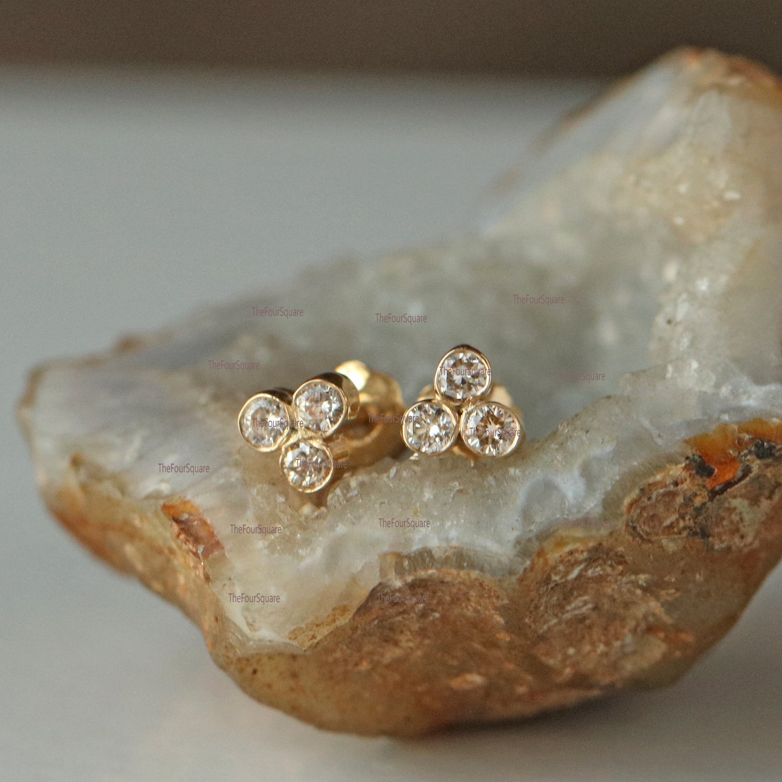 Small Diamond Cluster Stud Earrings, 14k Solid Gold, White Gold, Rose ...