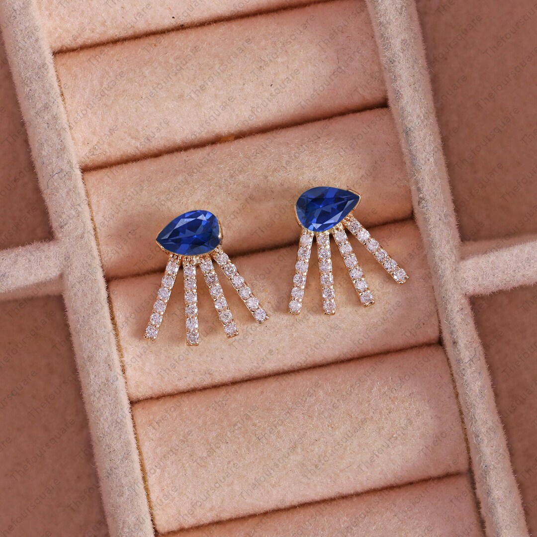 Blue Sapphire & Diamond Spike Stud Earrings, Pear Sapphire Mini Studs ...