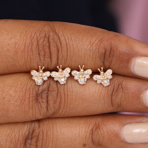 Diamond Bee Stud Earrings, 14k Solid Gold Insect Studs, Honey Bee Earrings, Small Cartilage ...