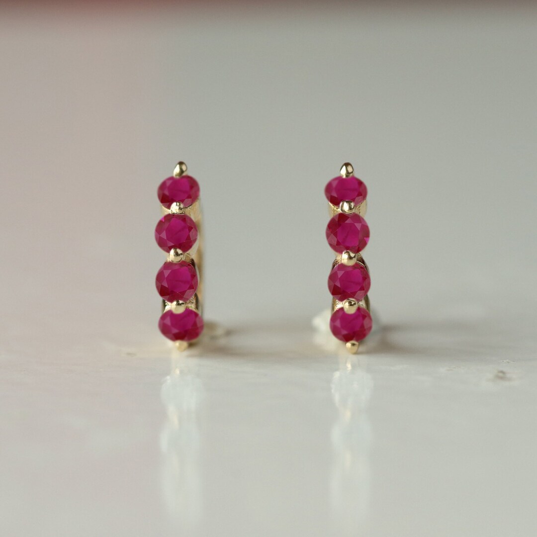 Natural Ruby Gemstone Huggie Hoop, Solid 14k Yellow Gold Earring, 4 ...