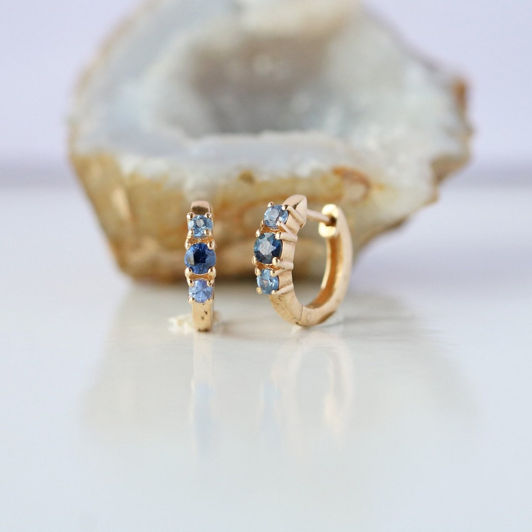 Solid 14k Yellow Gold Gemstone Huggie Hoops | Ombre Blue Sapphire ...