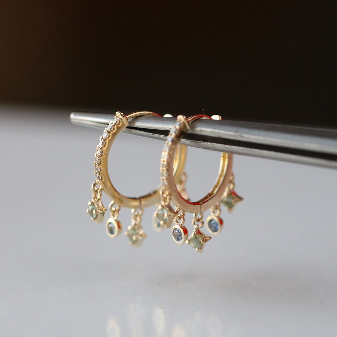 14k Yellow Gold Dangling Drop Hoop | Green and Blue Sapphire Gemstones ...