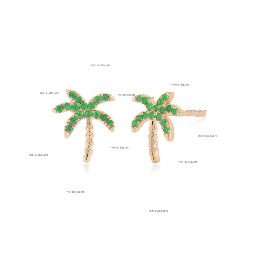 Genuine Emerald Wild Palm Stud, 14k Gold Earring, Minimalist Everyday ...