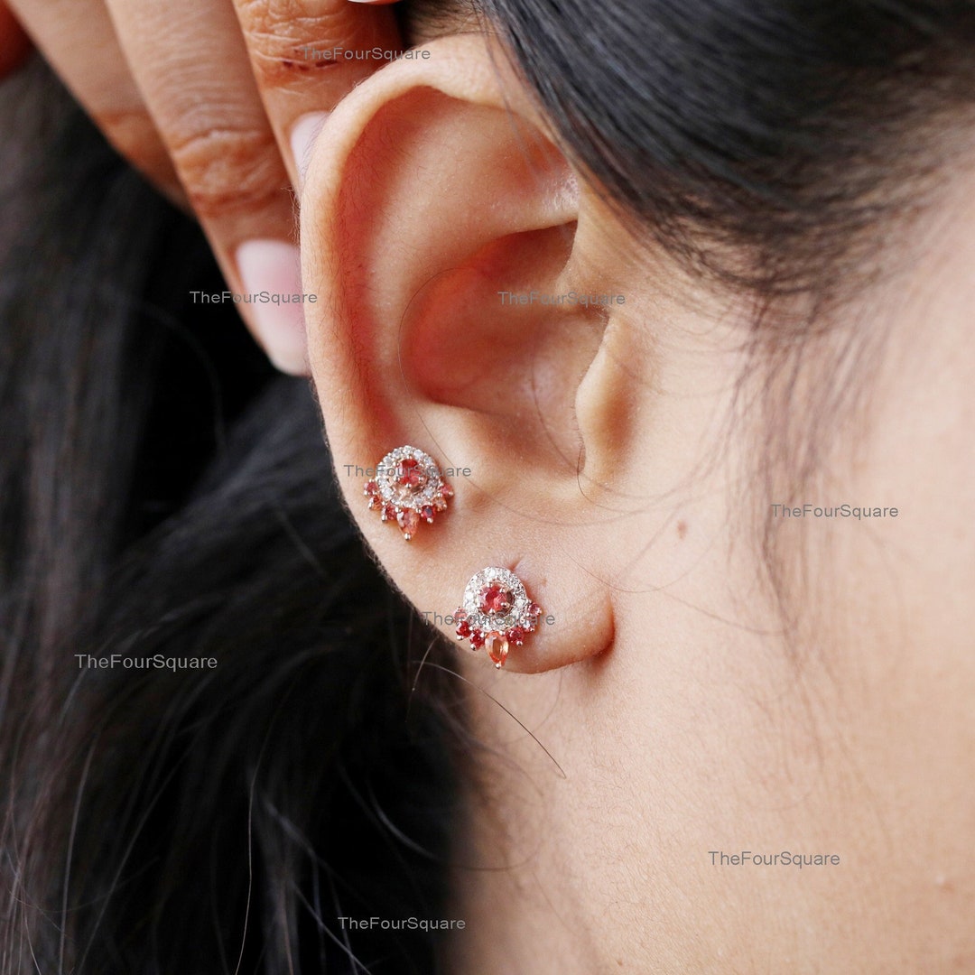 Natural Orange Sapphire With Diamond Studs 14k Gold Sunset - Etsy