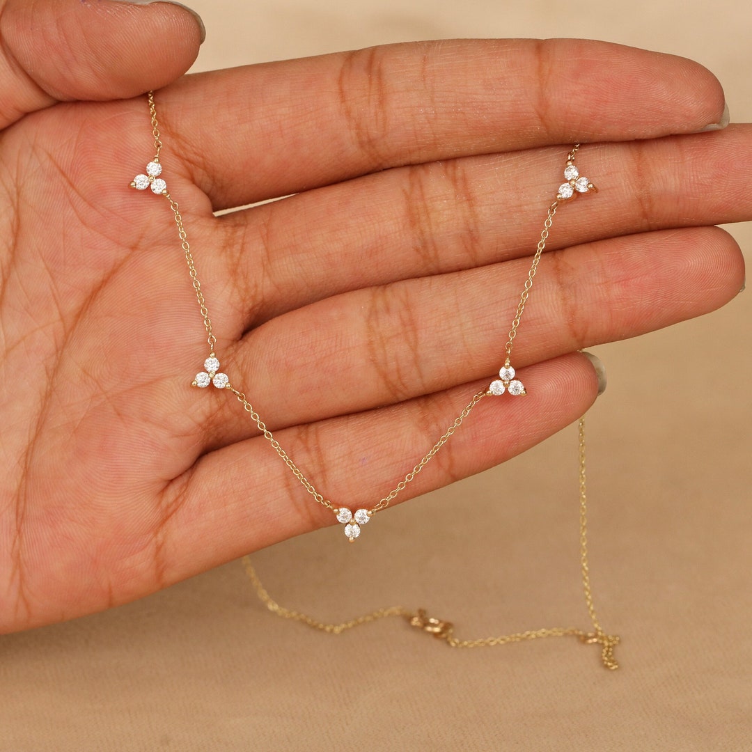 Trio Diamond Chain Necklace, 14k Solid Gold Natural Diamond Distance ...