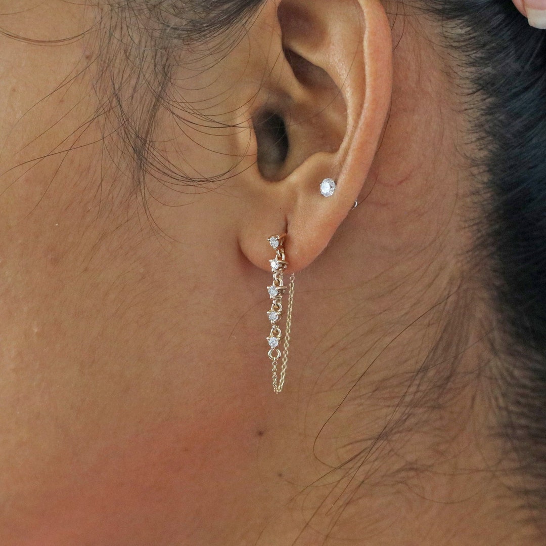 Diamond Drop Chain Earring, 14k Solid Gold 5 Diamond Wrap Chain Earring ...