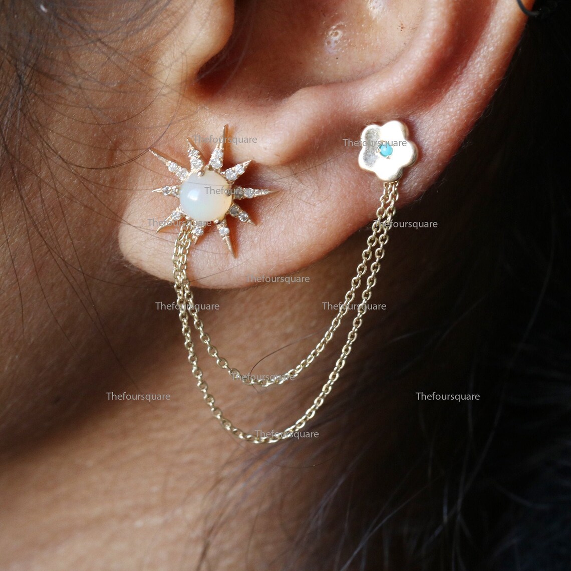 Industrial Earrings, 14k Gold Diamond Chain Earrings / Helix Earrings ...