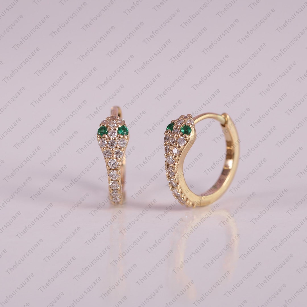 Emerald Snake Hoop Earrings, Natural Diamond Mini Huggie Hoops ...