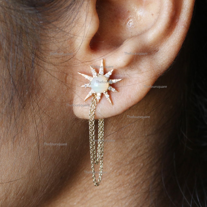 Industrial Earrings, 14k Gold Diamond Chain Earrings / Helix Earrings ...