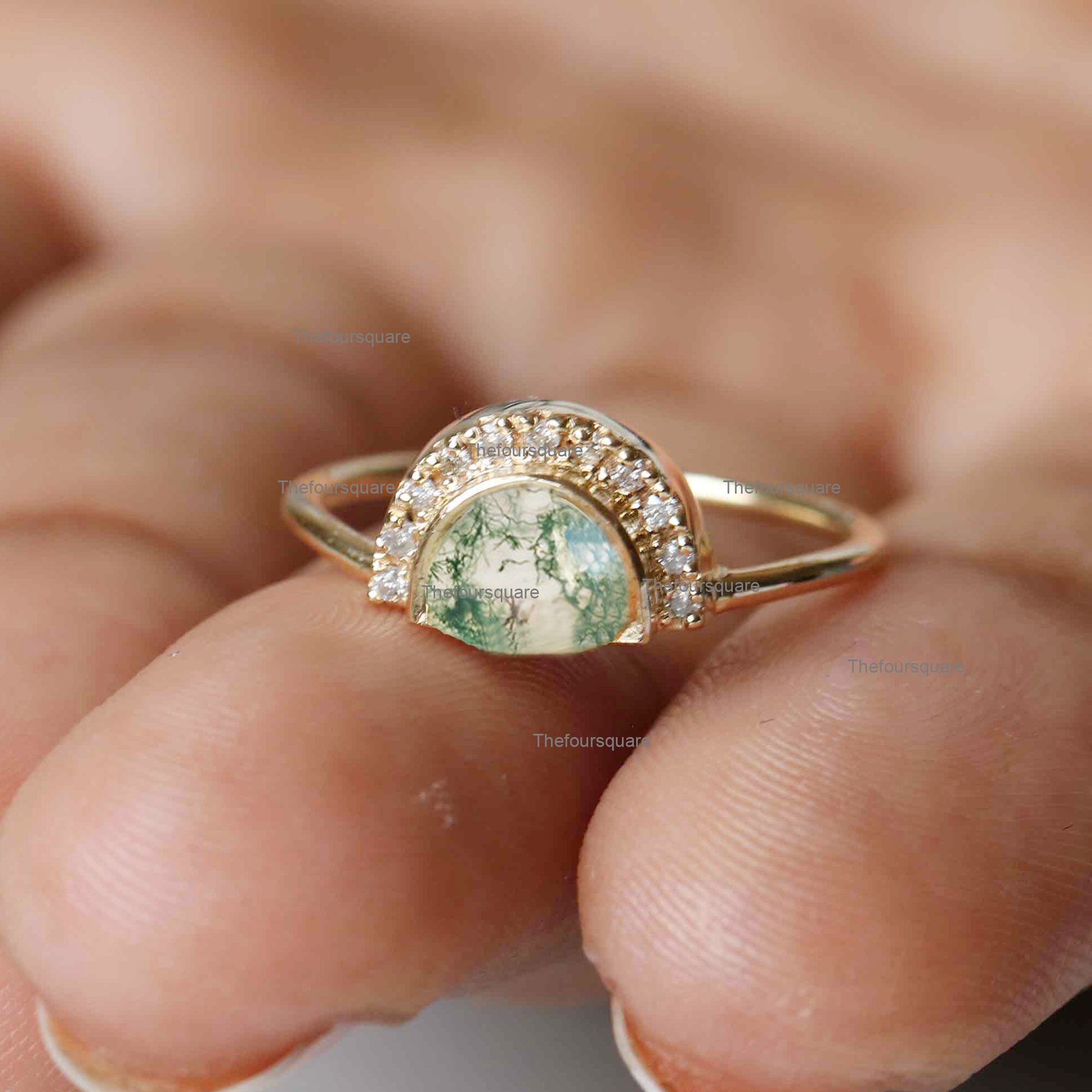Sunrise Moss Agate Diamond Studded Ring 14k Solid Dainty | Etsy
