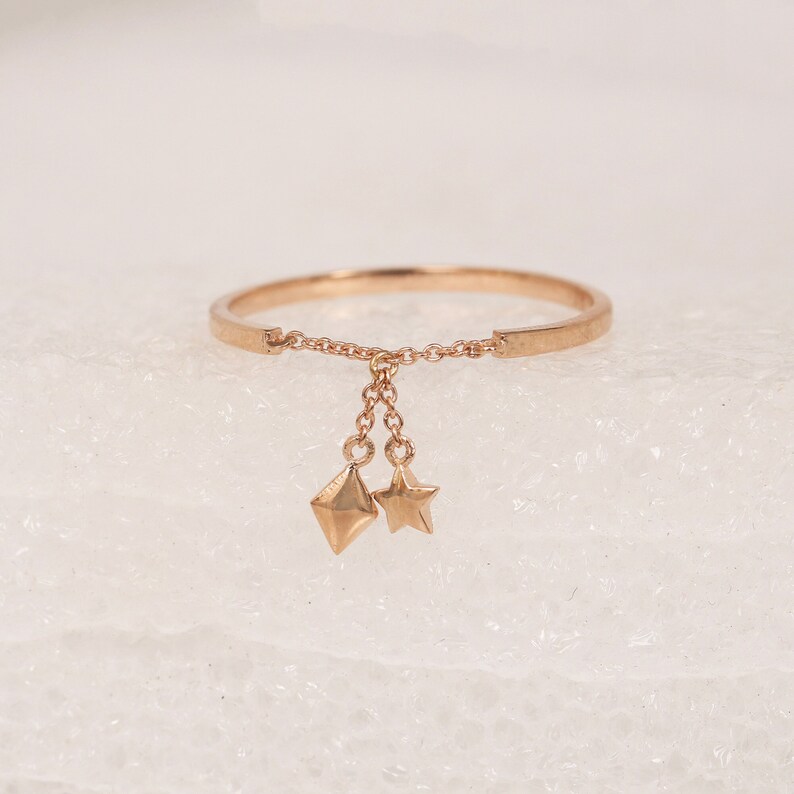14k Gold Drop Chain Ring, Dainty Stackable Ring, Star Drop Ring, Daily ...