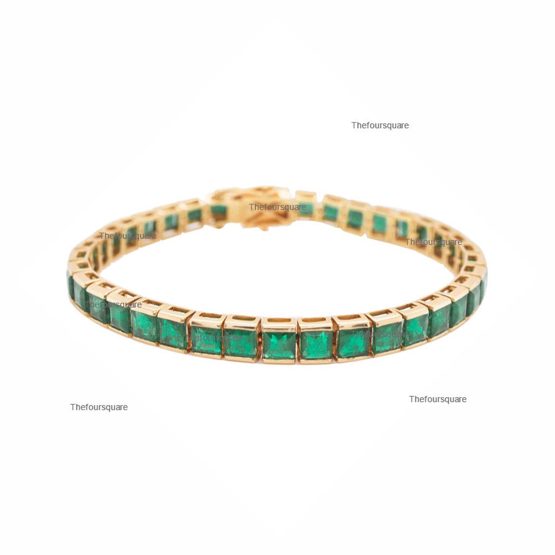 14k Solid Gold Princess Emerald Bracelet, Art Deco Tennis Bracelet ...