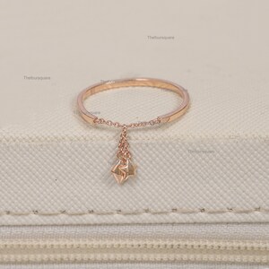 14k Gold Drop Chain Ring, Dainty Stackable Ring, Star Drop Ring, Daily ...