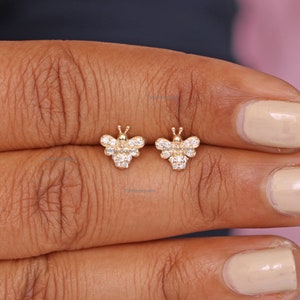 Diamond Bee Stud Earrings, 14k Solid Gold Insect Studs, Honey Bee Earrings, Small Cartilage ...