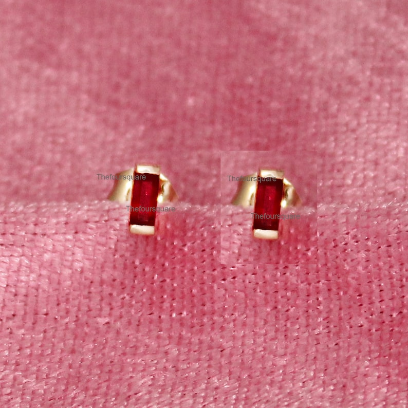 Natural Baguette Ruby Studs 14K Yellow Gold Studs Bar Studs | Etsy