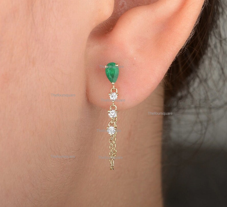 3 Diamond Chain Earrings Pear Emerald Earrings 14K Yellow | Etsy