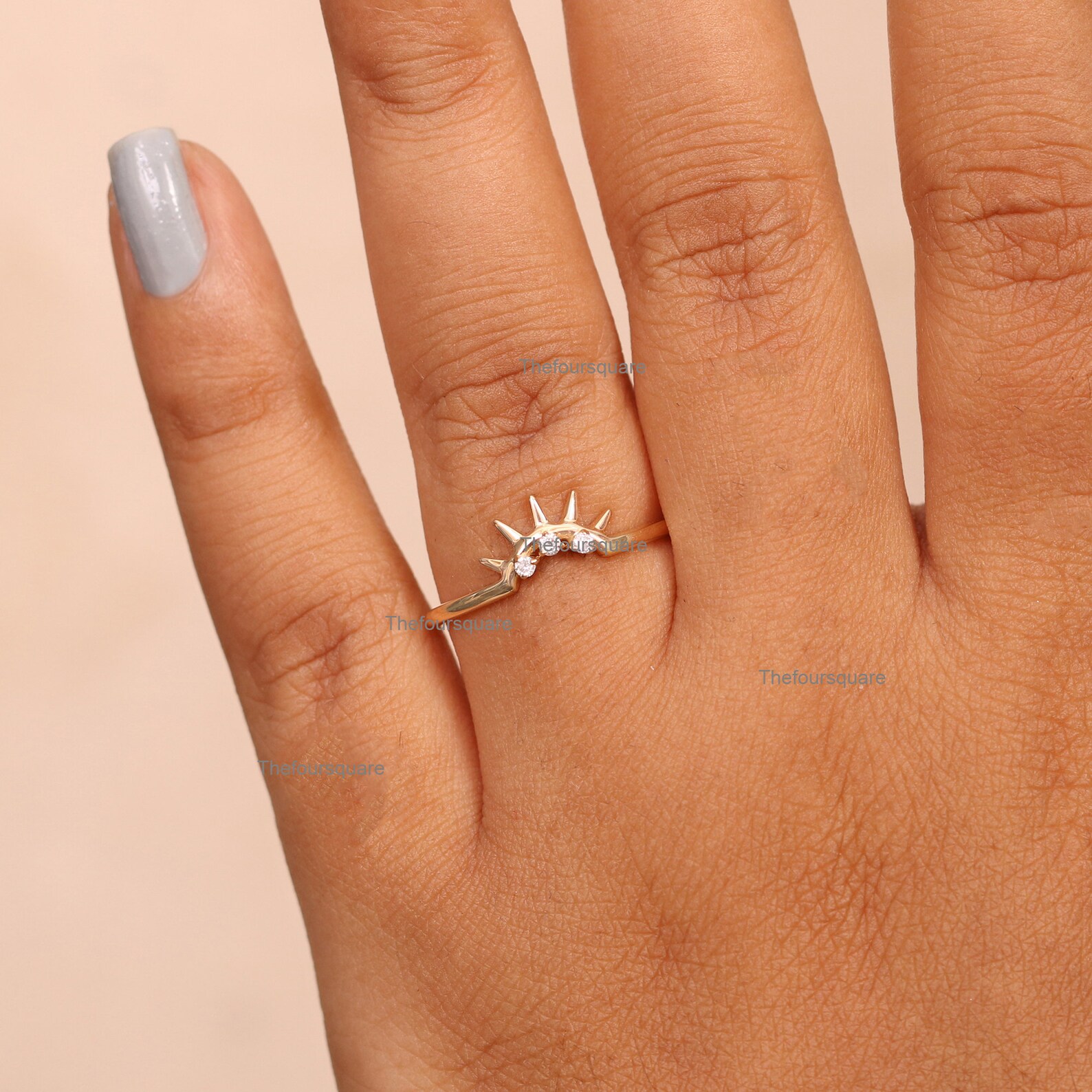Diamond Spike Ring, 14k Gold Sunburst Ring, Mini Spike Ring, Trio ...