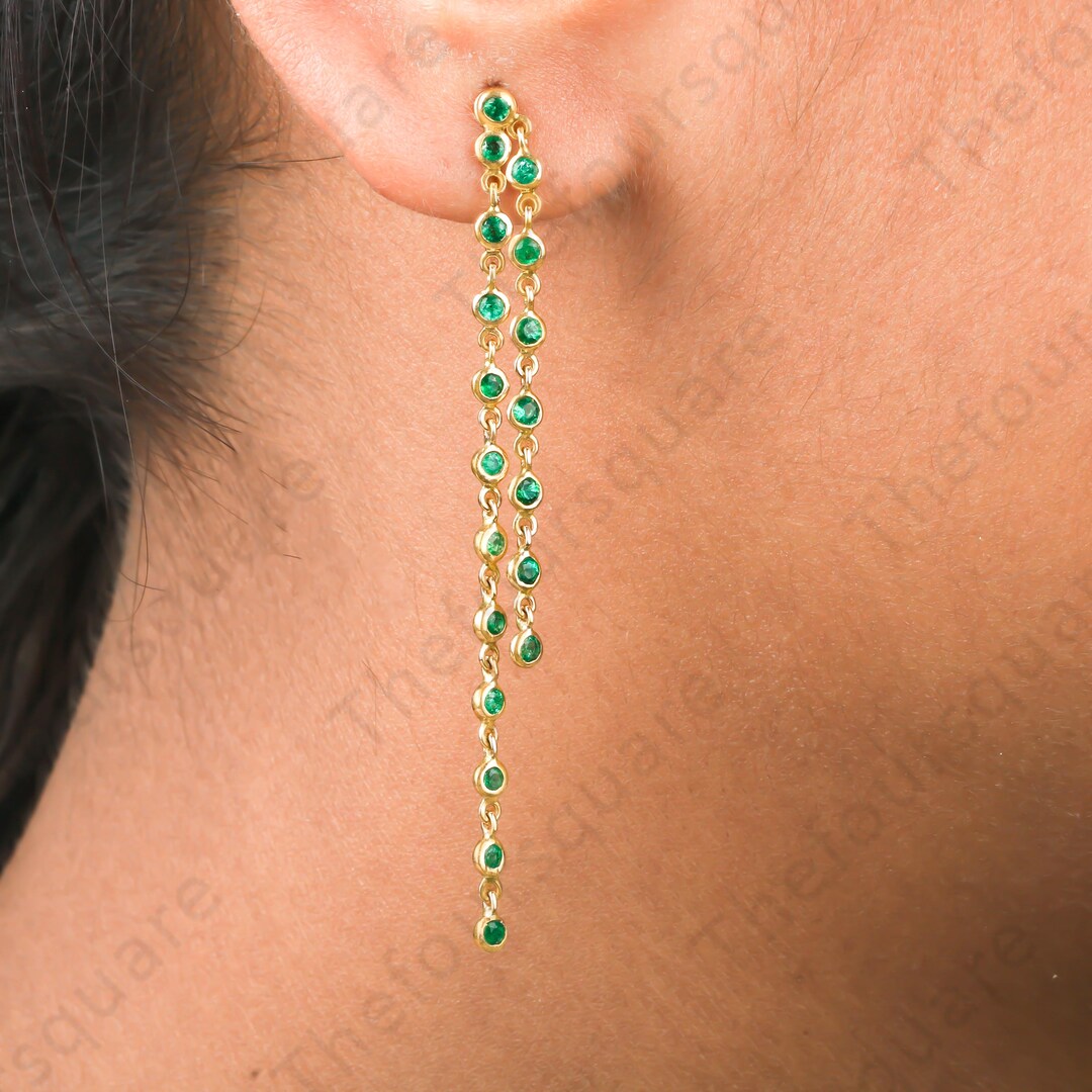 Emerald Long Drop Chain Earring, Bezel Set Emerald Front Back Earrings ...