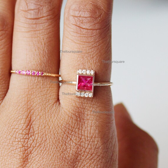 Princess Cut Ruby Gemstone With Diamond Pave Wedding Ring 14k | Etsy