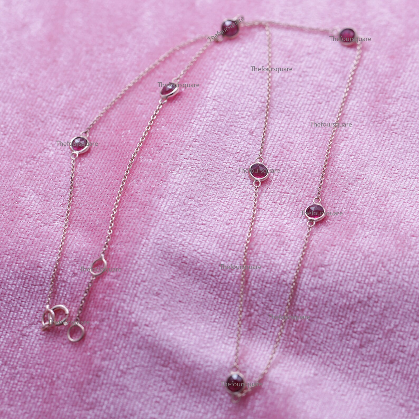 7 Natural Ruby Station Necklace, 14K Rose Gold Seven Stone in Bezel ...
