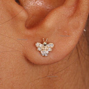 Diamond Bee Stud Earrings, 14k Solid Gold Insect Studs, Honey Bee Earrings, Small Cartilage ...