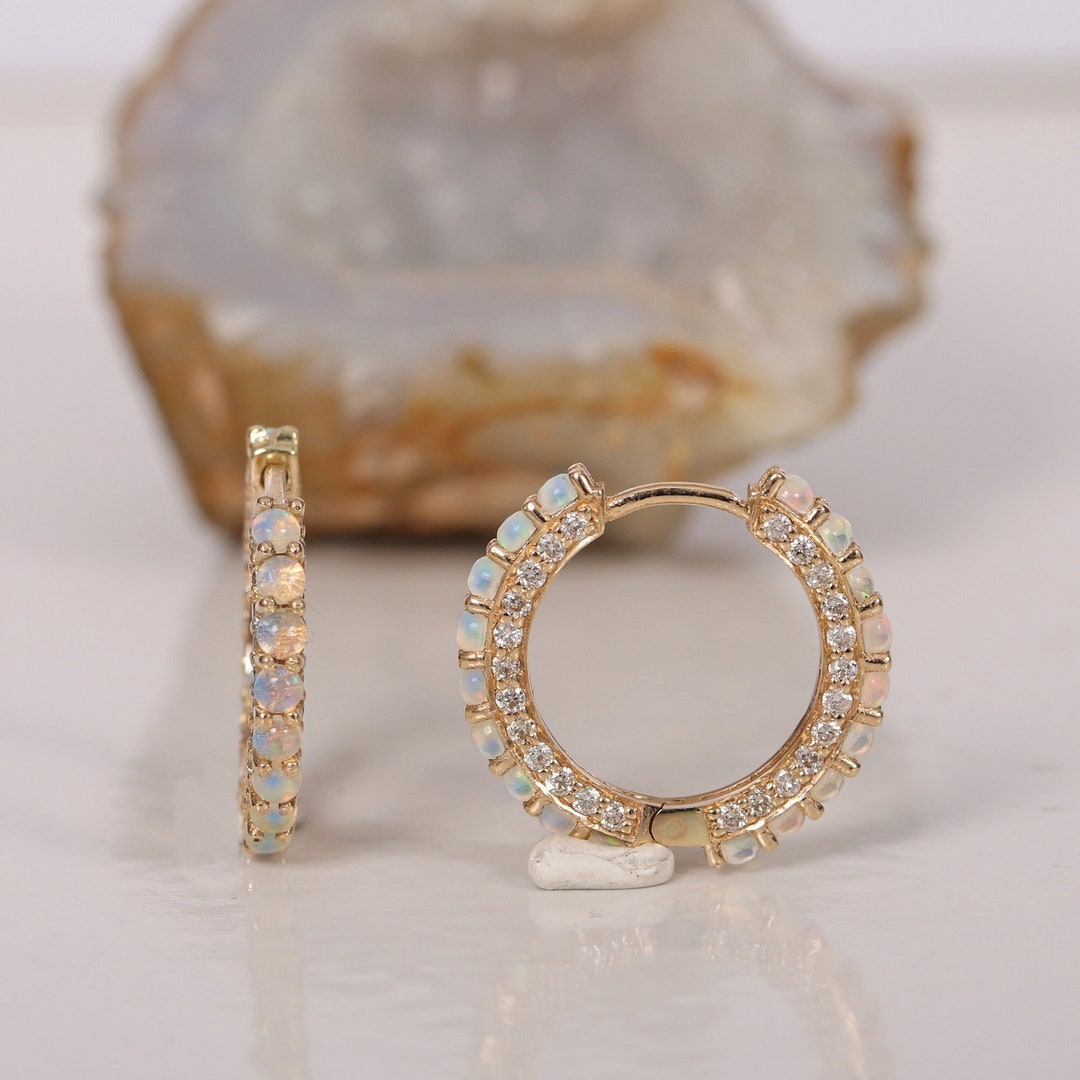 Solid 14k Yellow Gold Art Deco Hoops, Ethiopian Opal Gemstone Earring ...