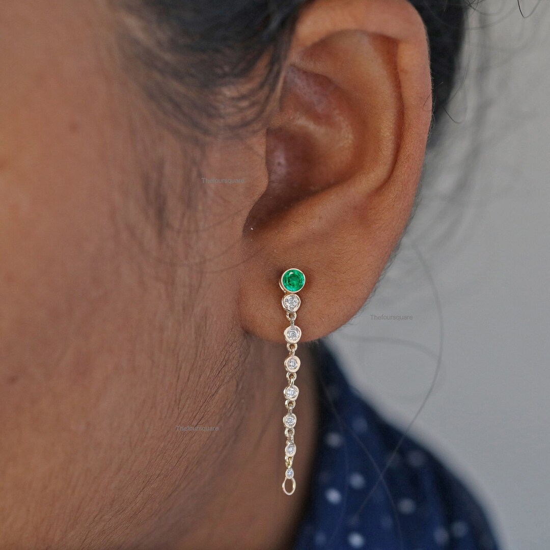 Solid 14k Yellow Gold Natural Diamond Bezel Drop Chain Earrings ...