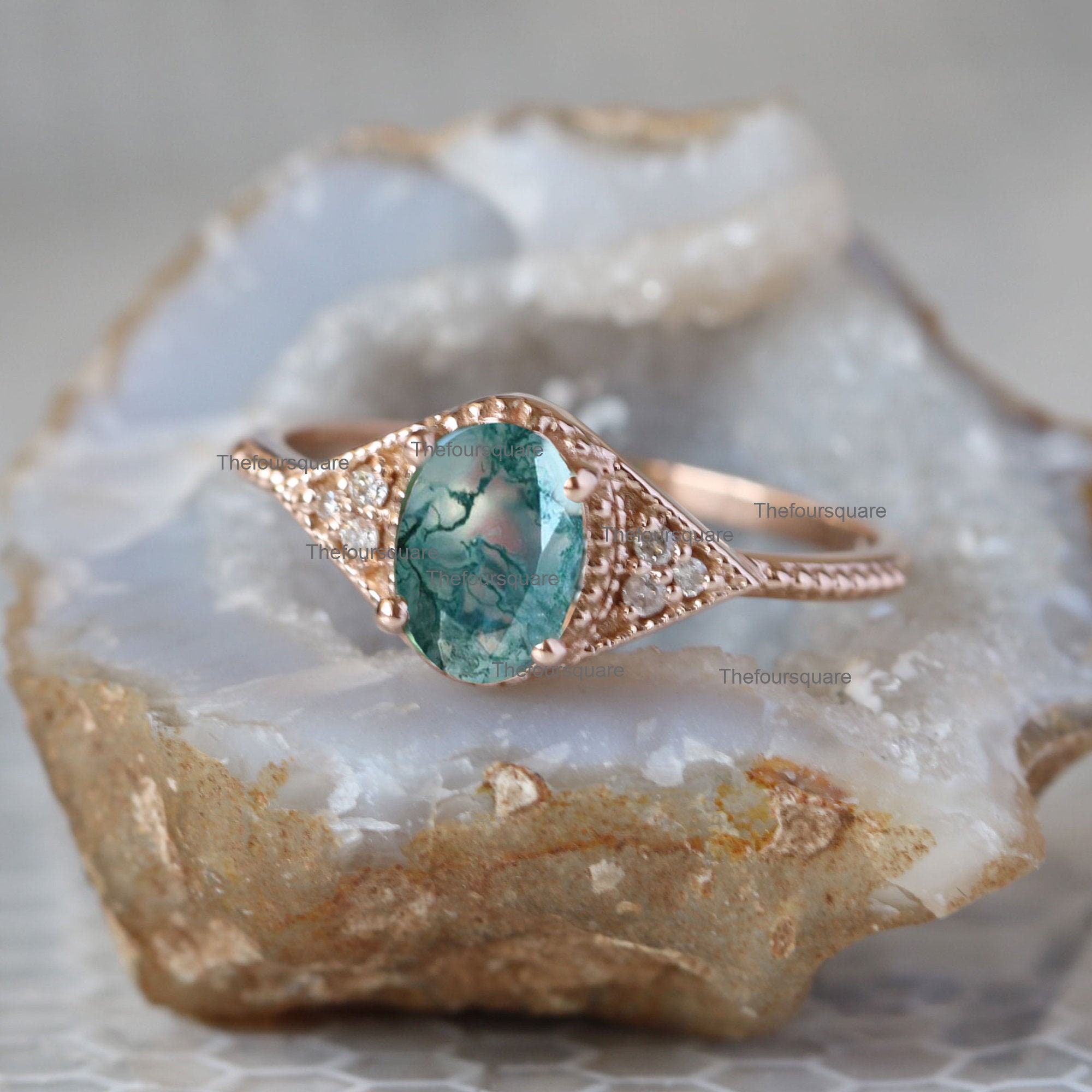 14k Rose Gold Gemstone Engagement Ring Oval Moss Agate | Etsy
