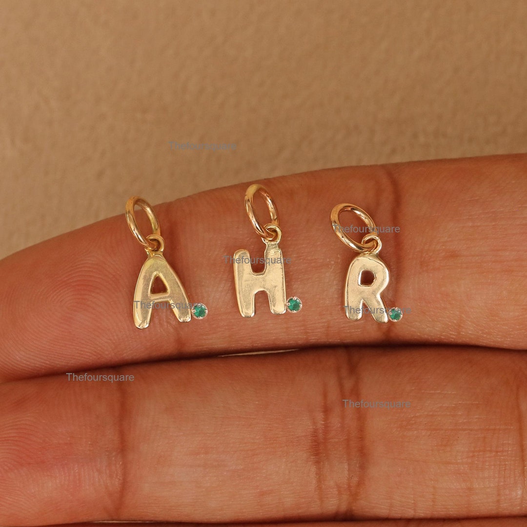 14k Solid Gold Gemstone Initial Charms, Alphabet Charm Pendant ...