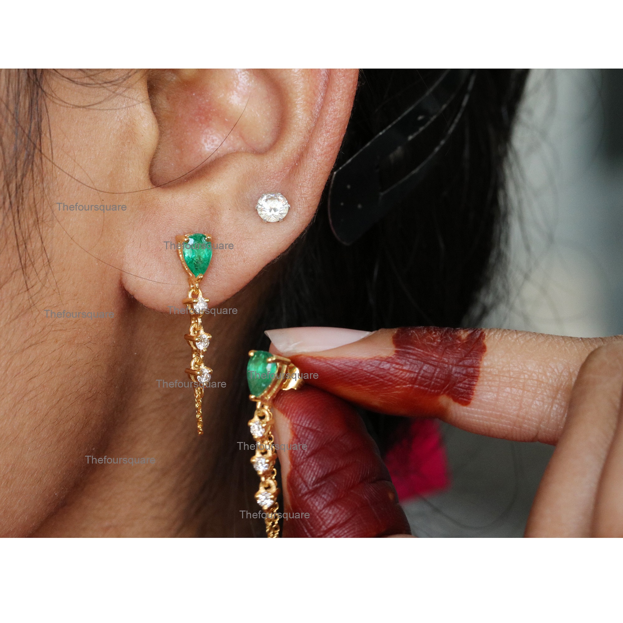 3 Diamond Chain Earrings Pear Emerald Earrings 14K Yellow | Etsy