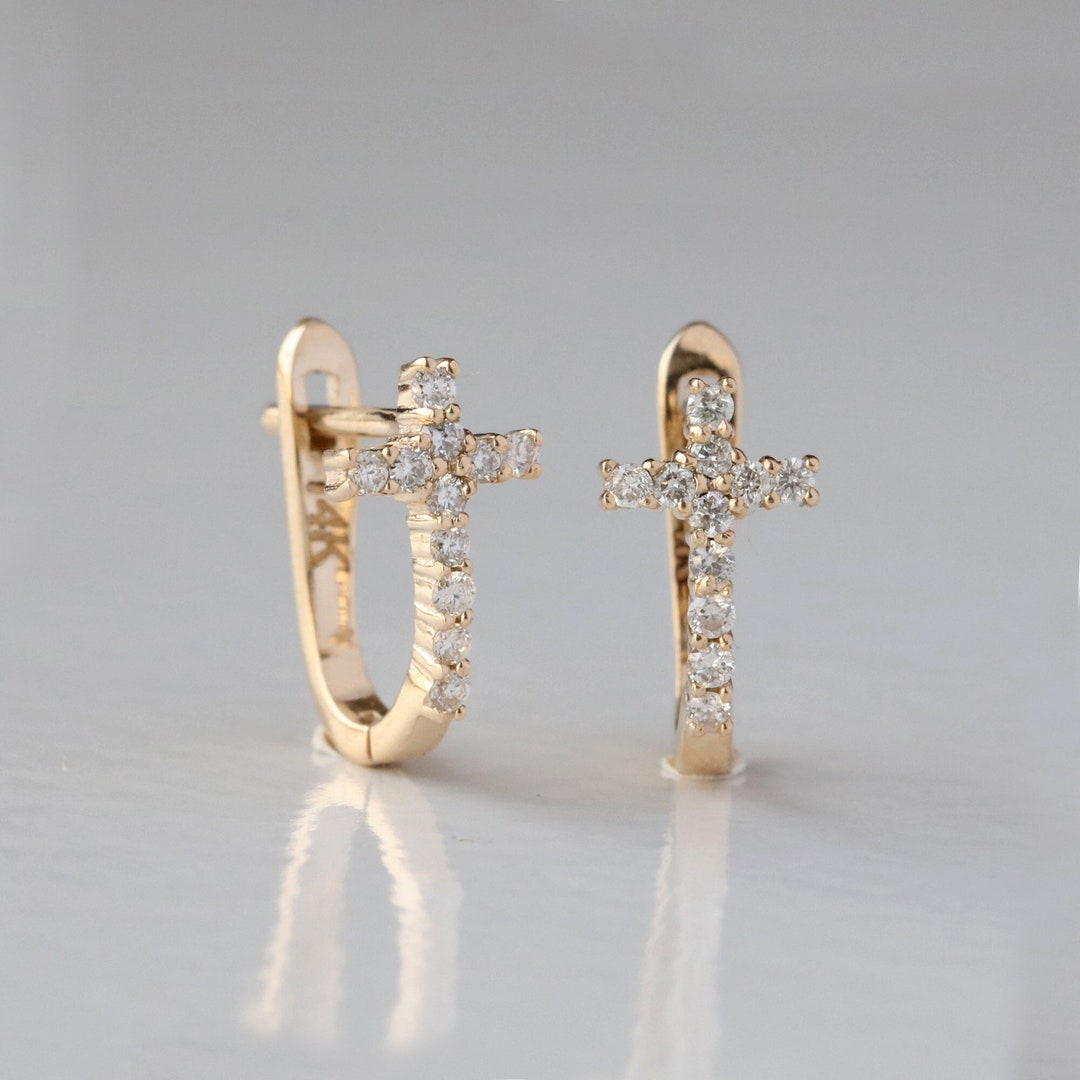 Natural Diamond Cross Hoops Earrings, Unique Wedding Earrings, 14k ...