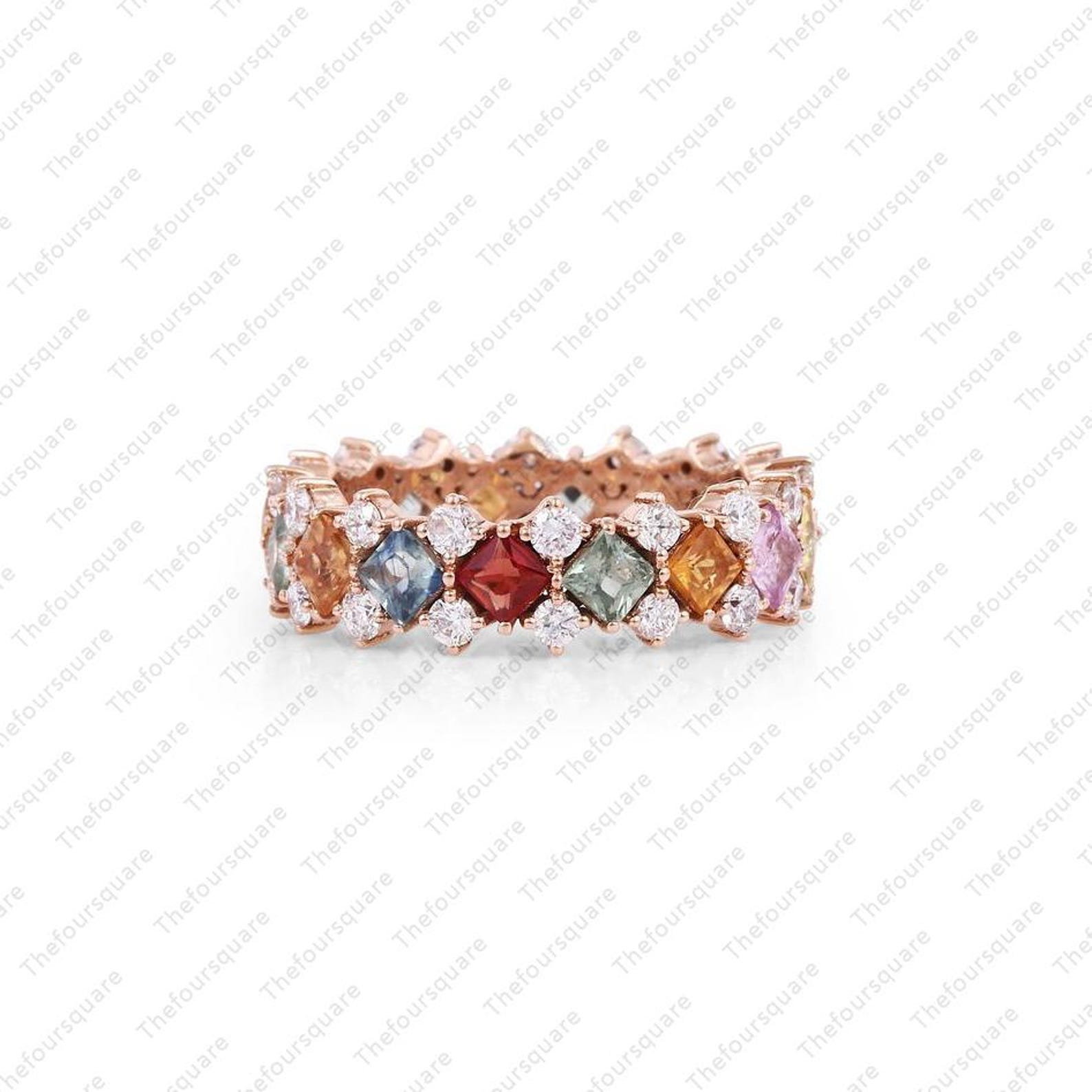 Princess Eternity Ring, Multi Sapphire Full Eternity Band, 14k Solid ...
